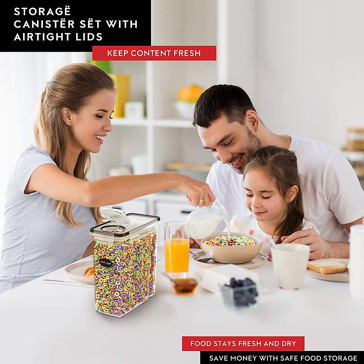 DWËLLZA KITCHEN Cereal Containers Storage Set - Cereal Dispenser Airtight Food Storage Container BPA-Free 4 Pc (135.2oz) Pantry Organization and Storage 8 Labels 1 Marker, Canister for Sugar & Flour