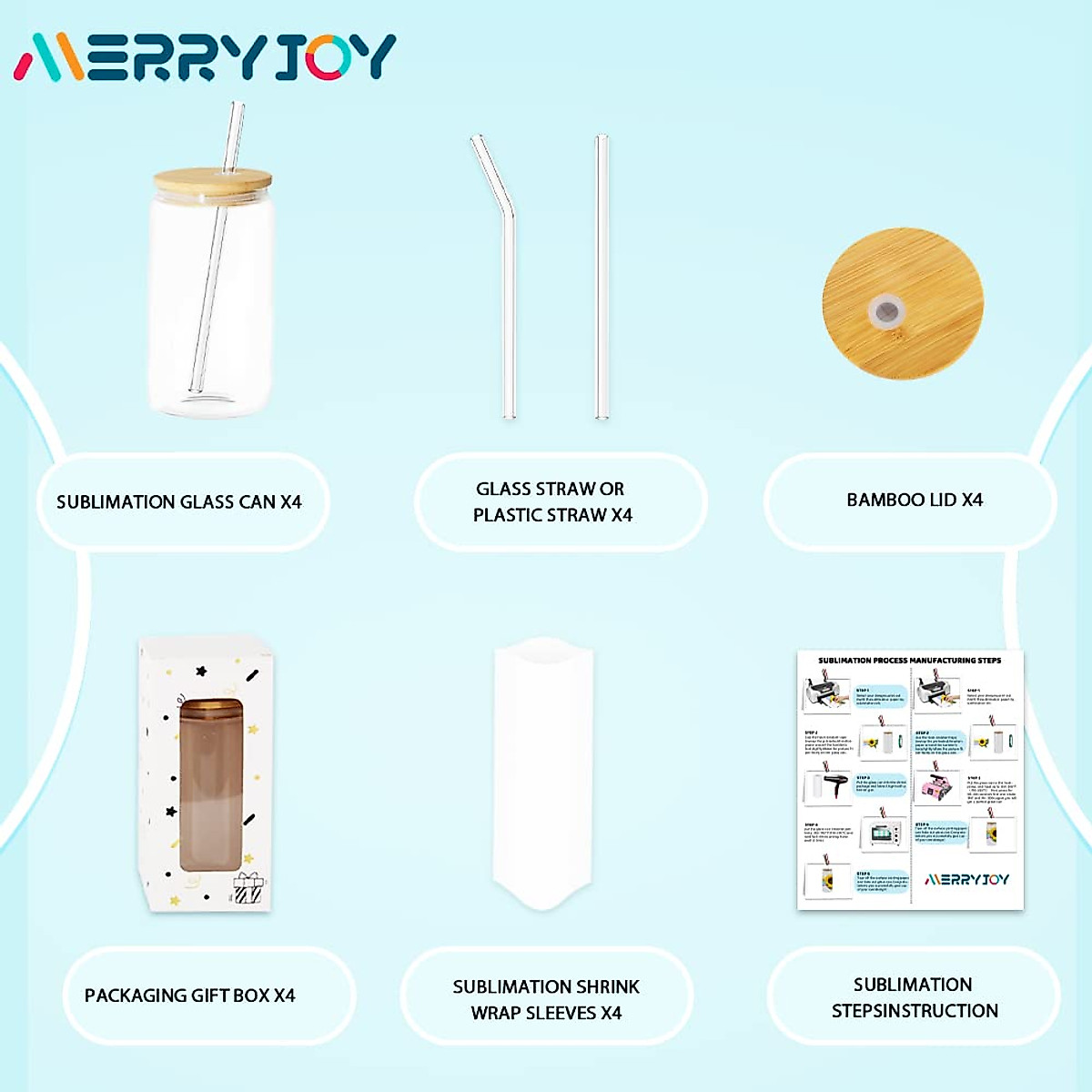 MerryJoy 25 PACK Sublimation Glass Blanks With Bamboo Lid,16 OZ Frosted Glass Cups With Lids And Straws,Sublimation Glass Can,Sublimation Glass Blanks For Iced Coffee,Juice,Soda,Drinks,Beer