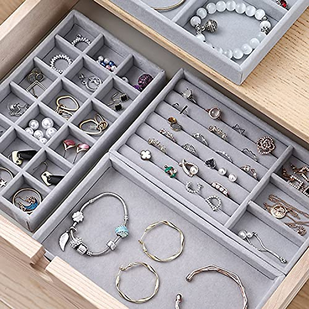 STYLIFING Jewelry Drawer Organizer 4 in 1 Stackable Jewelry Organizer Trays for Drawer Rings Earrings Necklaces Bracelet Storage Showcase Box(Grey)