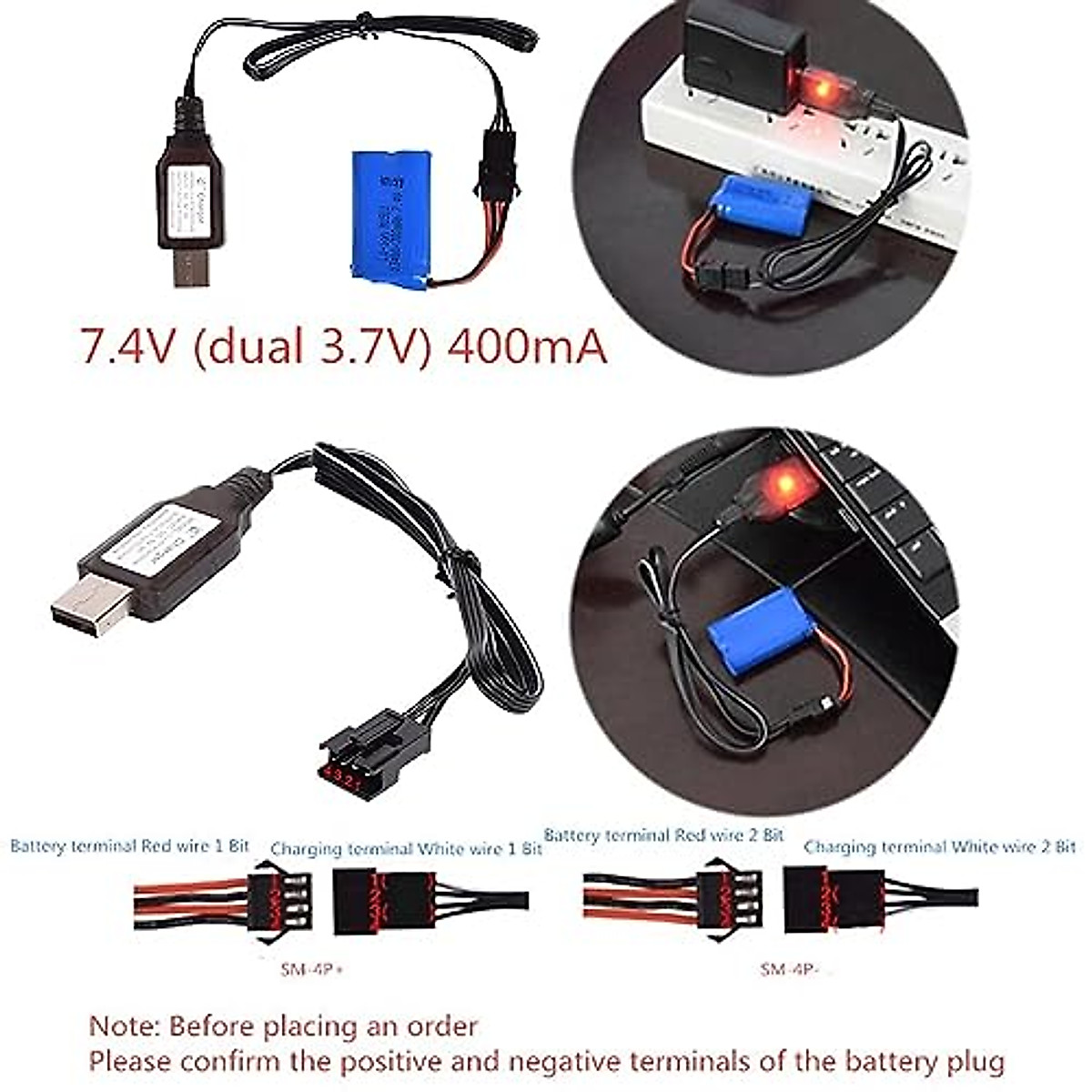 Lerpwige 1PC 7.4V (3.7V X2) SM-4P Li-ion Battery Power Electric Car USB Charging Cable Sm4p to Sm2p Adapter