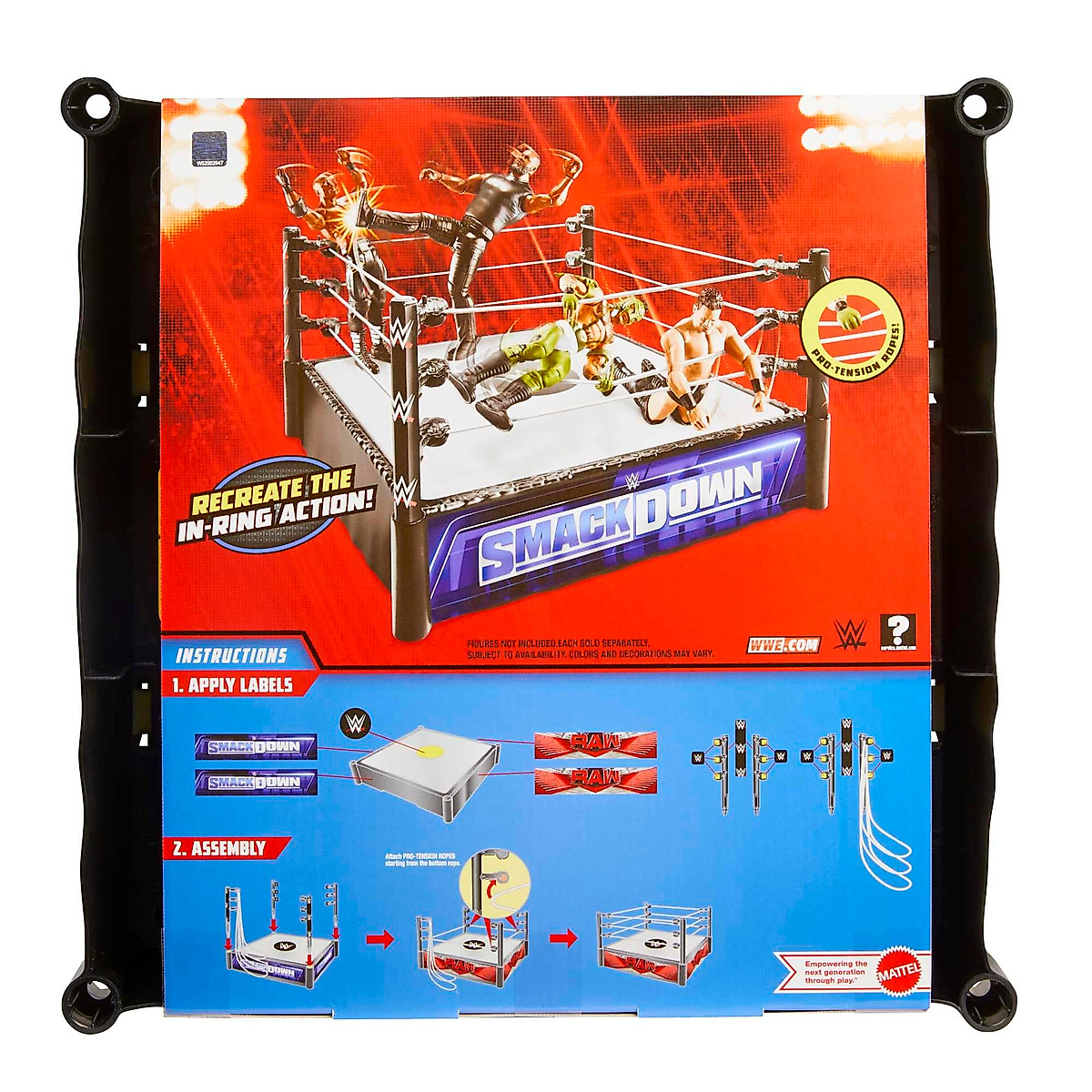 Mattel WWE Superstar Ring, 14 inches with Spring-Loaded Mat, 4 Event Apron Stickers & Pro-Tension Ropes for WWE 6-inch Action Figures