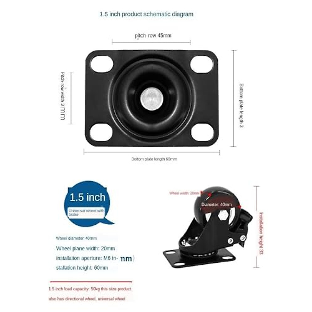 Casters Swivel casters Heavy Duty of 4 Pack, 1.5Inch Polyurethane Castor Wheels for Trolley Furniture Caster Load Bearing 200kg casters Workbench