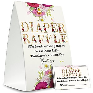 Diaper Raffle Sign,Diaper Raffle Baby Shower Game Kit (1 Standing Sign + 50 Guessing Cards),Baby Showers Decorations,Card for Baby Shower Game to Bring a Pack of Diapers-XN17