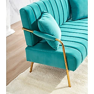 anwickjeff Velvet Loveseat Sofa with 2 Throw Pillows, Fabric Sofa with Metal Legs for Small Space Tufted Cushions Soft Sectional 2-Seat Couch for Living Room, Office, Apartment (Blue)