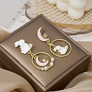 Asymmetric Rabbit Star Moon Earrings,Cute Bunny Pearl Crystal Drop Earring for Women Party Jewelry Gifts (Pink)