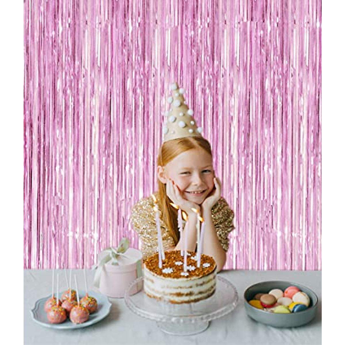 2 Pcs 3.2ft x 8.2ft Shiny Light Pink Metallic Tinsel Foil Fringe Curtains Photo Booth Backdrop for Birthday Wedding Holiday Celebration Bachelorette Party Decorations (Light Pink)