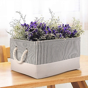 ANMINY 3PCS Storage Baskets Set Large Foldable Canvas Stripe Storage Bin Box with Cotton Rope Handles Decorative Plush Toys Clothes Towel Laundry Shelf Organizer Containers - Large, Dark Gray