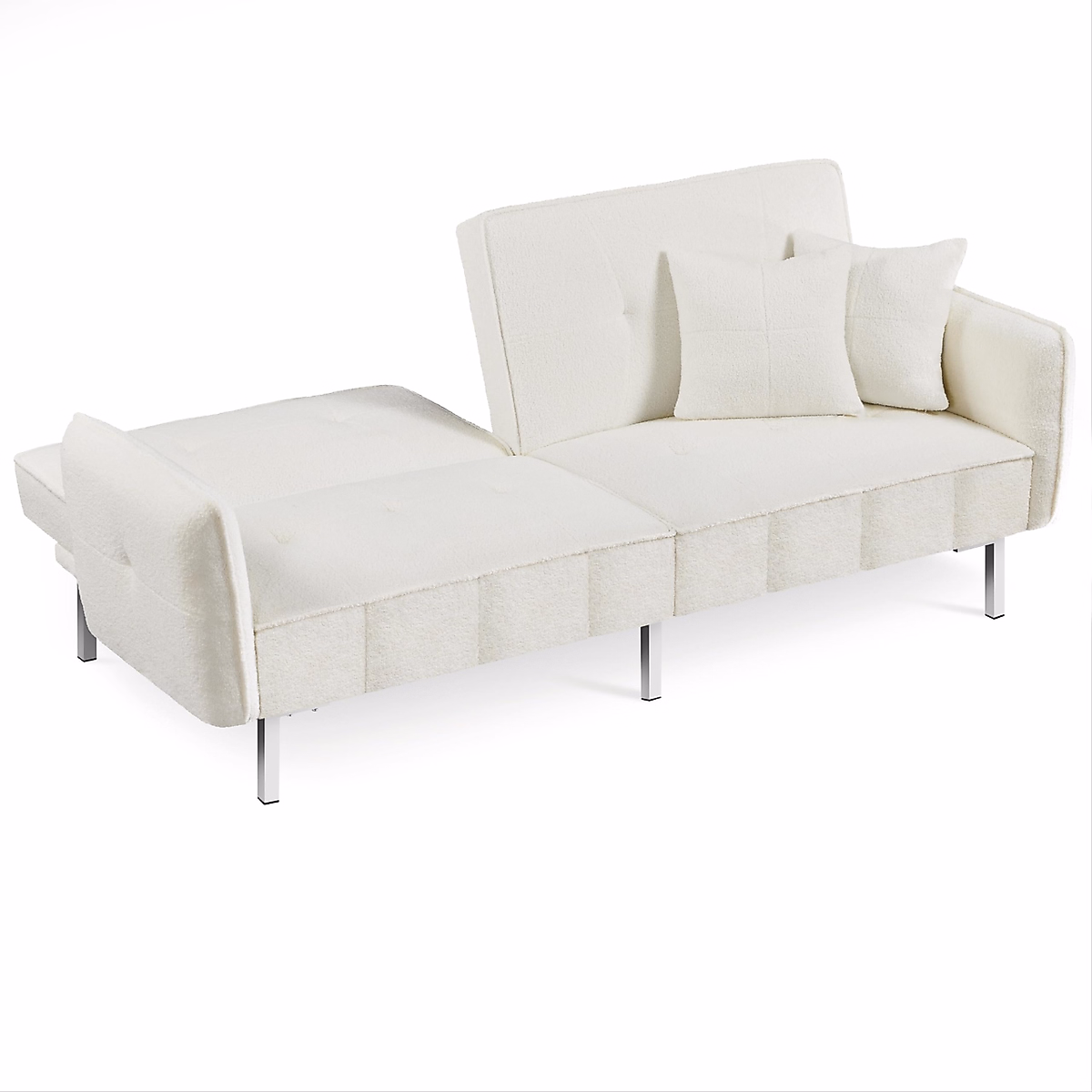 Topeakmart Futon Sofa Bed Split-Back Sleeper Sofa with Removable Armrest Sturdy Metal Legs 3 Angles Adjustable Couch Settee for Apartment/Living Room/Office Ivory Bouclé