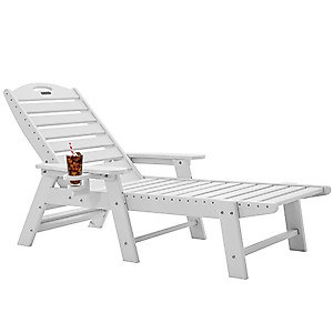 Chaise Lounge for Outdoor, Patio Lounge Chairs for Outside, Chaise Lounge Chair with 6 Positions, HDPE Lounge Chair with Cup Holder Easy Assembly for Pool Beach Garden, White