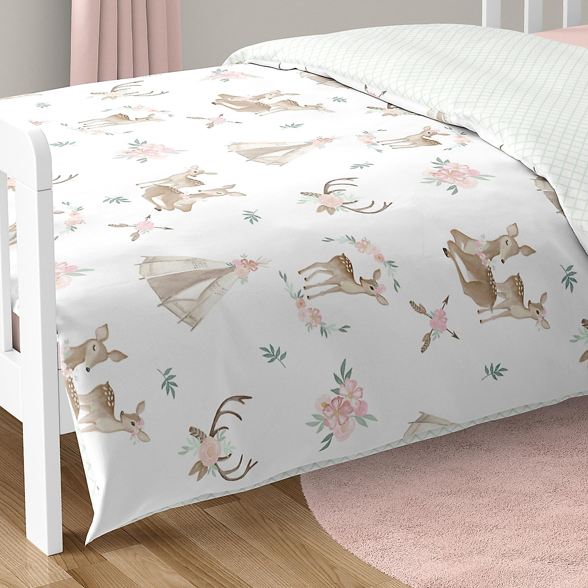 Sweet Jojo Designs Blush Pink, Mint Green and White Boho Watercolor Woodland Deer Floral Girl Toddler Kid Childrens Bedding Set - 5 Pieces Comforter, Sham and Sheets
