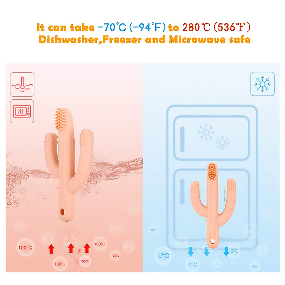 Cactus Teether, Baby Teething Toys for Babies 0-6 Months 6-12 Months, Self-Soothing Pain Relief Soft Baby Toothbrush for Babies, Toddlers, Infants, Boy and Girl, Natural Organic BPA Free(Peachy)