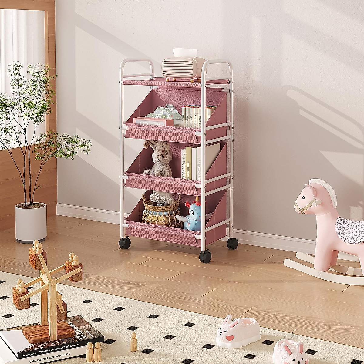 Buzowruil Utility Rolling Fabric Storage Rack Trolley Toy Rack Storage Cart Trolley with 3 Large Storage Boxes，Wheels, Suitable for Bedroom, Living Room, Entryway, Pink