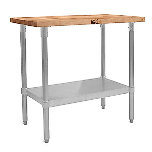 John Boos JNS01 Maple Top Work Table with Galvanized Steel Base and Adjustable Galvanized Lower Shelf, 36" Long x 24" Wide x 1-1/2" Thick