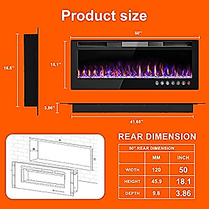 Electric Fireplace-50'' LED Fireplace Wall Mounted/Recessed for Living Room-Fireplace Heater with Remote Control, Touch Screen, Adjustable Flame, 8H Timer, 750w/1500w