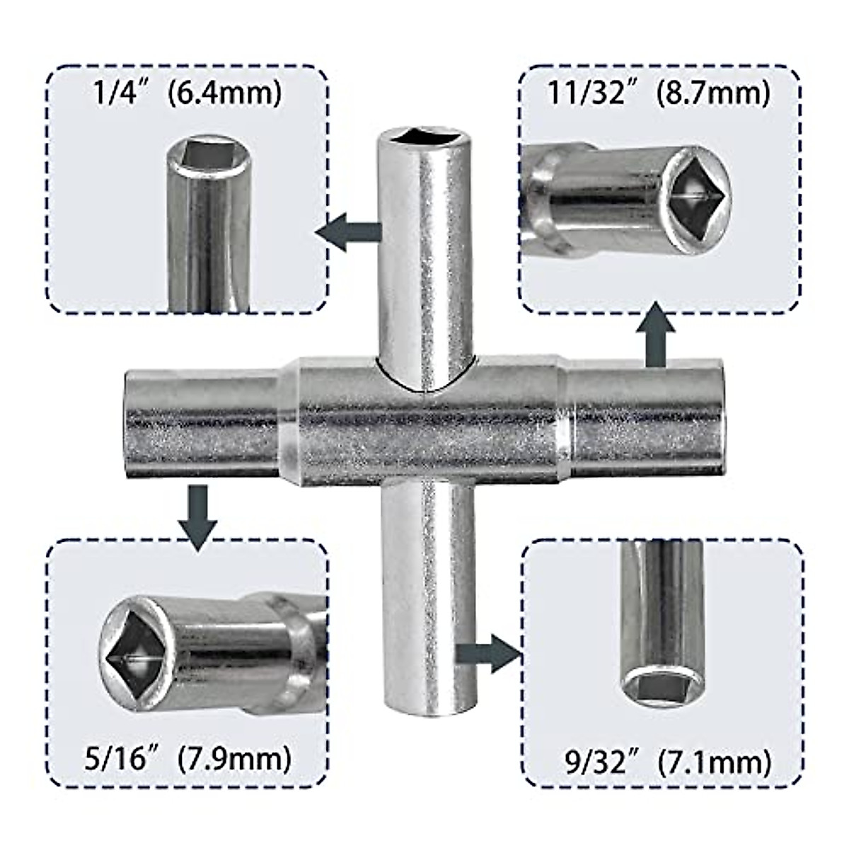 BearHut 4 Way Sillcock Key Wrench, 1/4", 9/32", 5/16", 11/32" Water Utility Key for Faucet, Spigots and Most Valves, 1 Pack