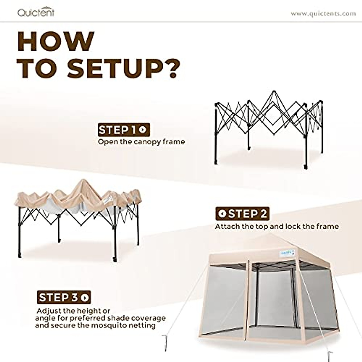 Quictent 9'x9' Slant Leg Pop up Canopy Tent with Mosquito Netting, Instant Screen House Room Tent Gazebo, Easy Set up, Tan