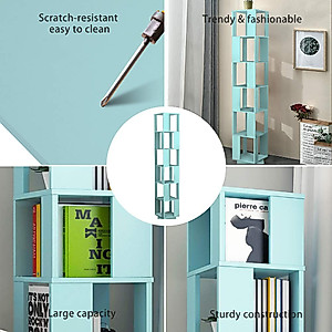 QIHANG-US 6 Tier Wooden Bookcase Corner Tall Book Shelf Modern 360° Rotating Storage Display Rack Floor Standing Shelves with Open Design Shelving Unit for Home Office Living Room Study, Blue