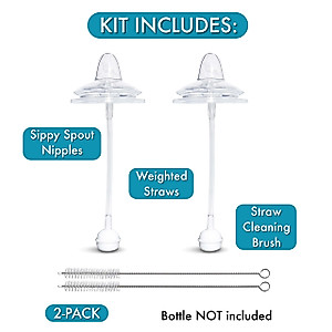 Sippy Cup Conversion Kit for Nanobébé Flexy Silicone Baby Bottles | 2-Count | with Soft Silicone Sippy Spout Nipples, Any Angle Straw Weighted Ball and Straw Cleaning Brush | by BelBeyo (Sippy Kit)