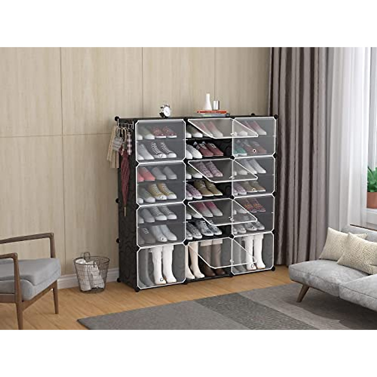 ArtBeauty Portable Shoe Rack Organizer, Plastic Cube Storage 42 Pair Tower Shelves Shoe Storage Cabinet Stand,Modular Cabinet for Hallway Bedroom Closet Entryway, 8 Tier Black