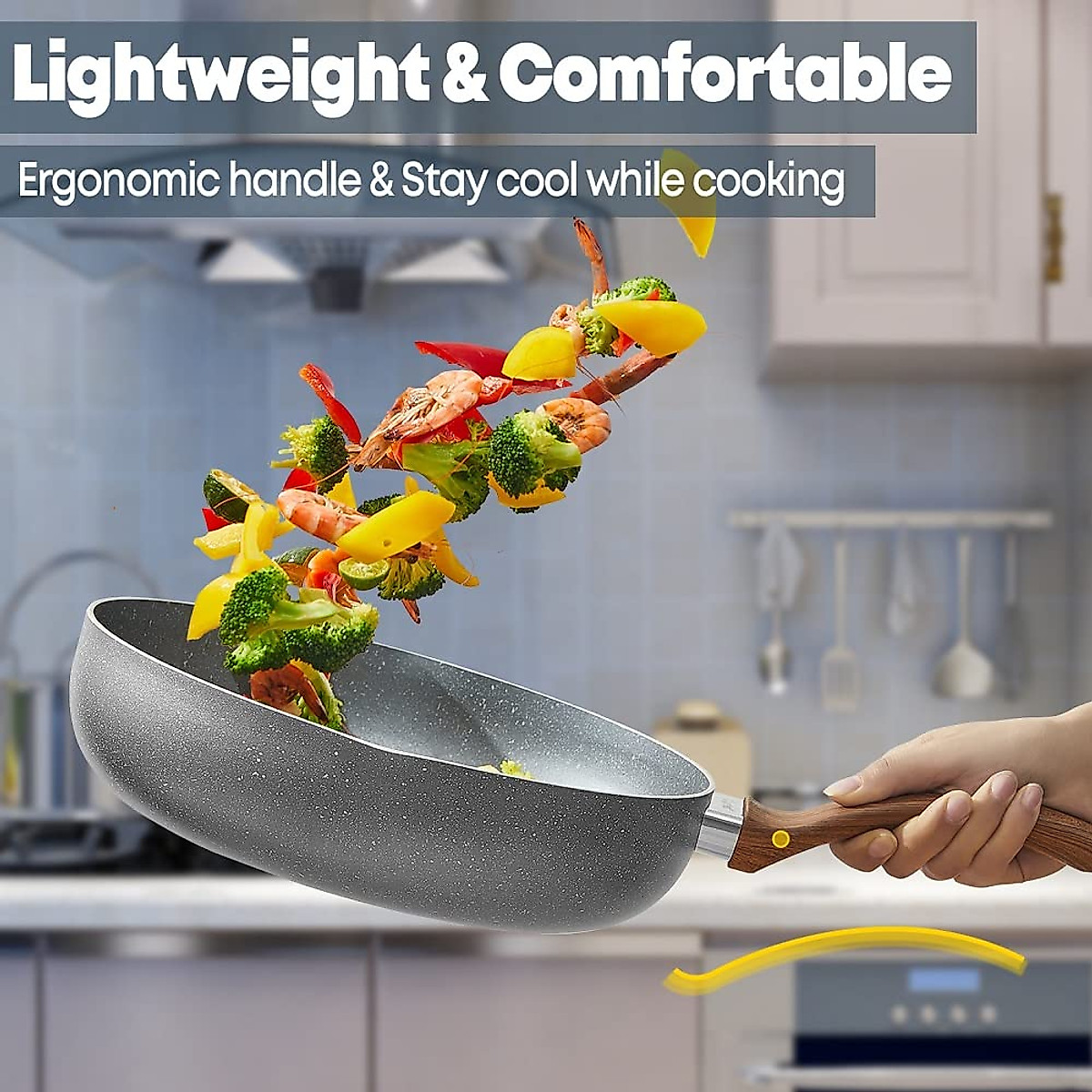 Cyrret Nonstick Deep Frying Pan Skillet with Lid, 11 Inch/ 5Qt Granite Coating Saute Pan, Non Stick Fry Pan for Cooking with Bakelite Handle, Induction Compatible, Dishwasher and Oven Safe, PFOA Free