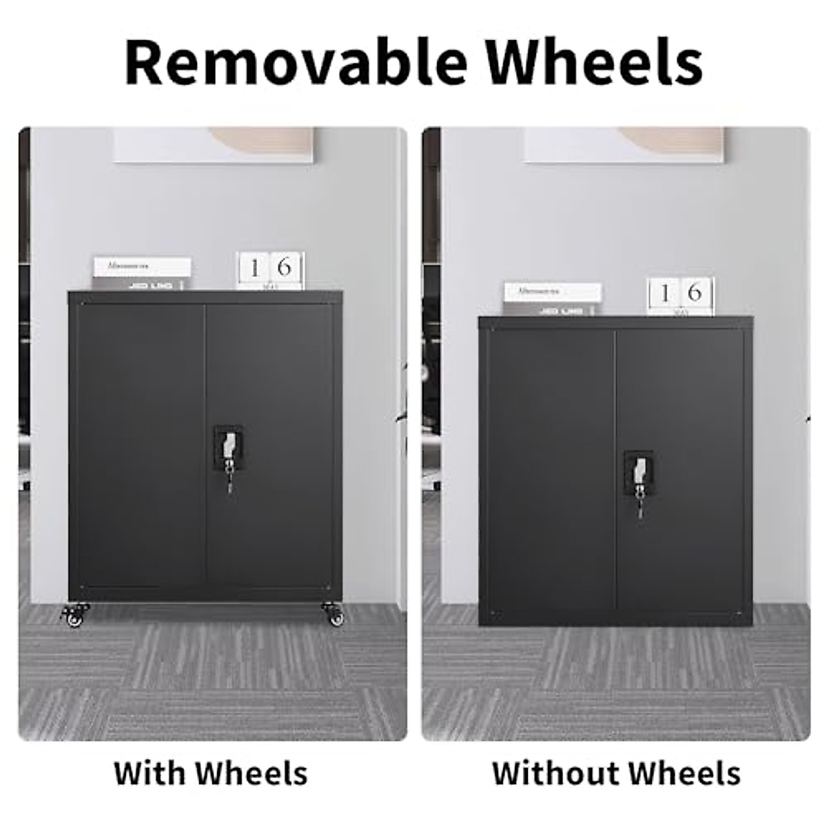 GREATMEET Metal Storage Cabinet with Locking Doors and Adjustable Shelves,31.5" H Steel Storage Cabinet with Wheels for Office,Home,Garage,Classroom Black