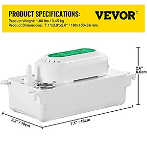 VEVOR Condensate Pump, 6.6 ft/2 m Lift, 110V Removal Drain Pump with 0.63 Qt/0.6 L Water Tank, 5W Automatic Condensation Pump with 100 L/H Flow, for Commercial Ice Makers of Different Types