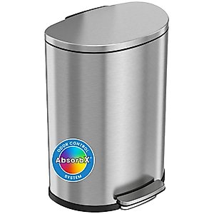 iTouchless 13.2 Gallon Step Trash Can with Odor Control System Stainless Steel, Semi-Round, 50 Liter Garbage Bin for Kitchen, Office, Home-Silent and Gentle Open/Close, Space Saving, SoftStep 13 Gal