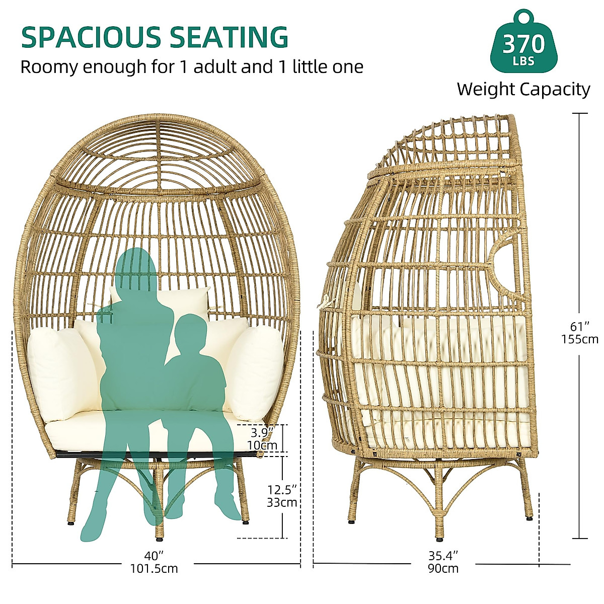 YITAHOME 360° Swivel Egg Chair Outdoor, 400lbs Capacity Oversized Patio Rotating Basket Chair, All-Weather Wicker Egg Lounger Chair for Outside Indoor (Beige)