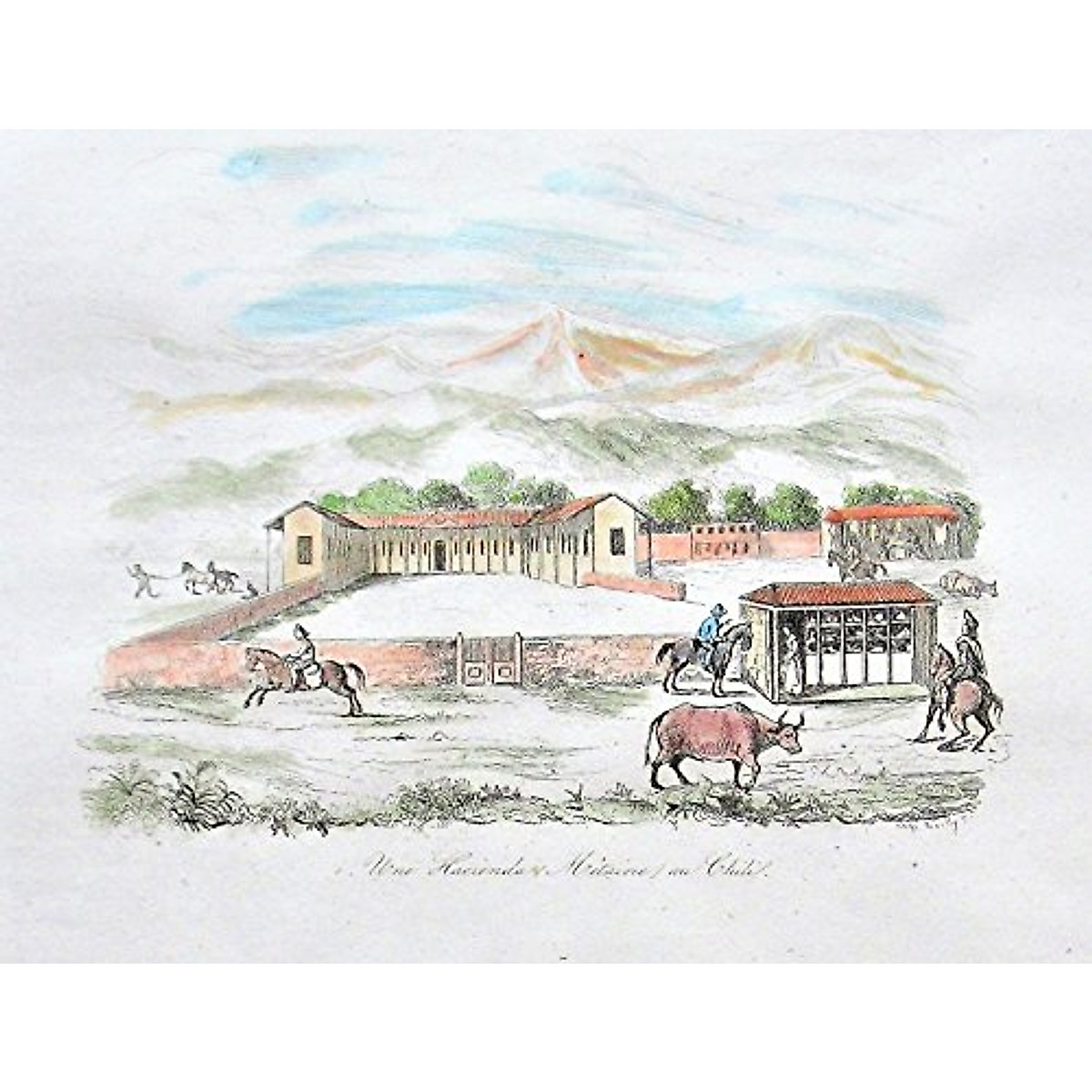 Antique Copperplate Engraving: A Ranch and an Indian Town