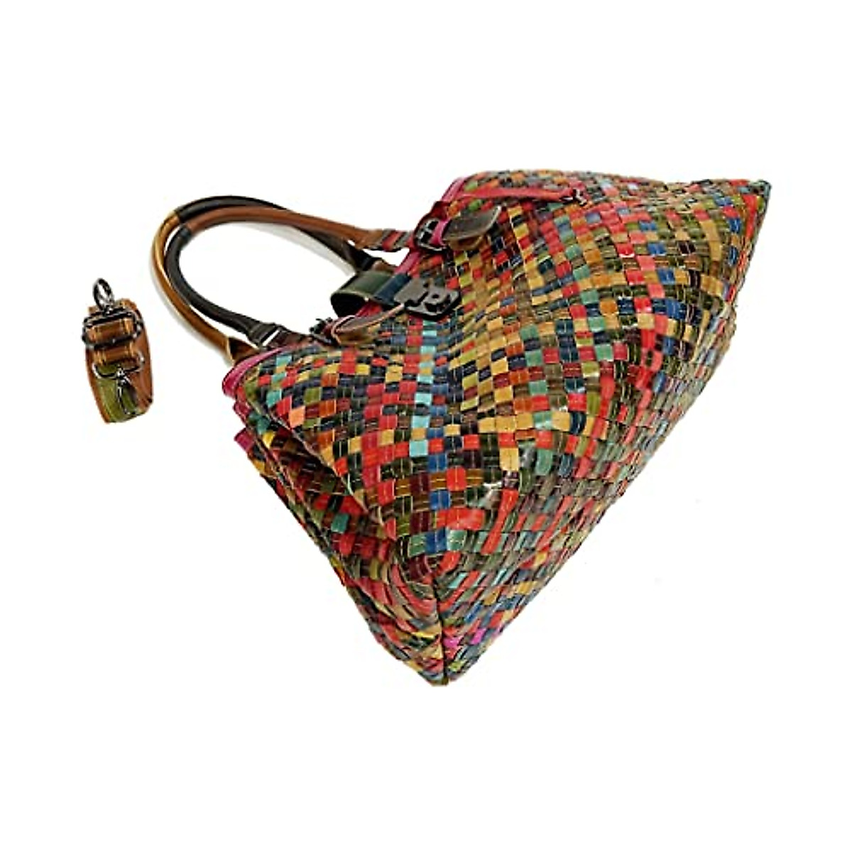 Women Multicolor Splicing Genuine Leather Handbag Designer Hand Woven Satchel Purses Top Handle Shoulder Totes Crossbody Bag (Multicolor)