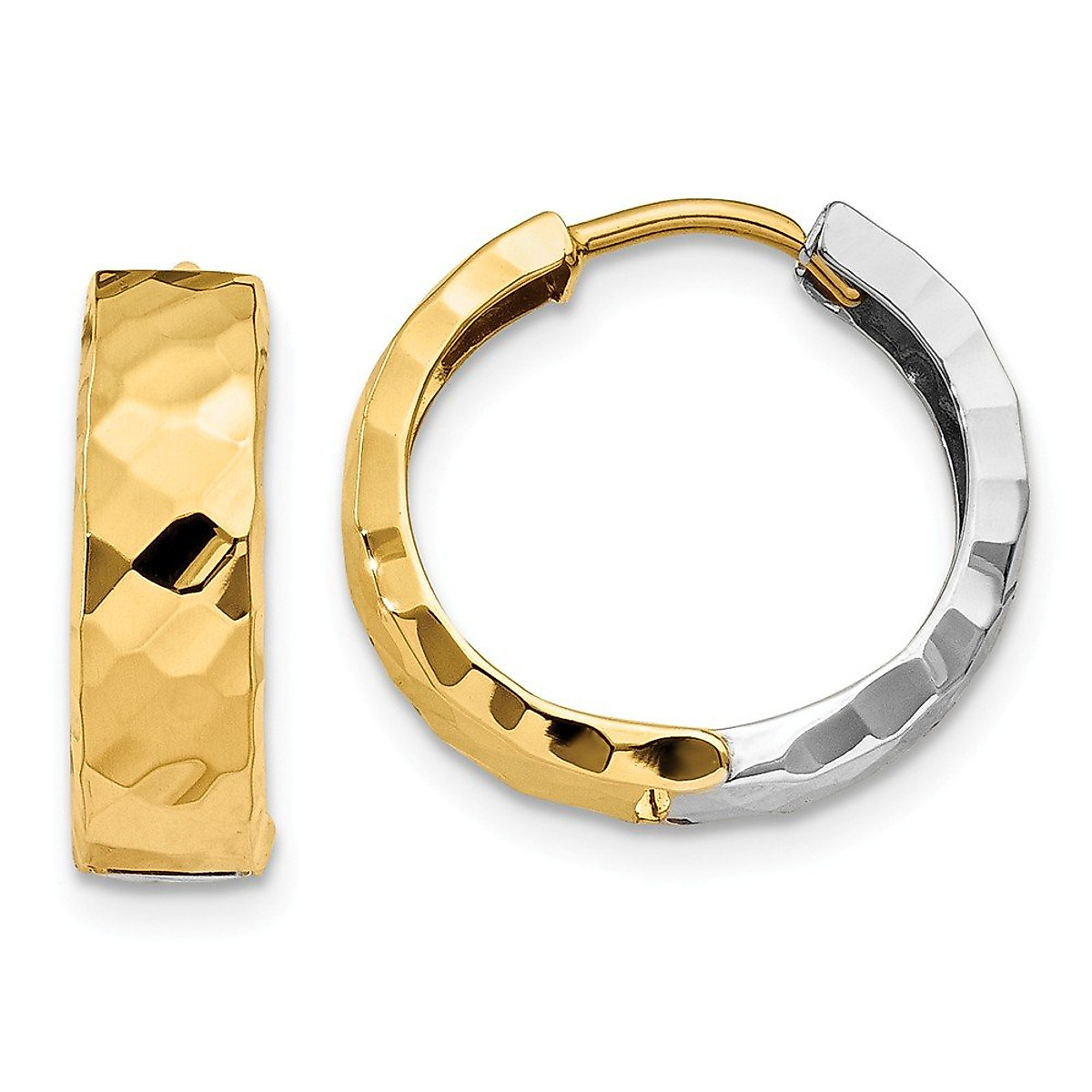 14k Yellow and White Gold Two Tone Textured Hinged Hoop Huggie Earrings - 14mm x 15mm