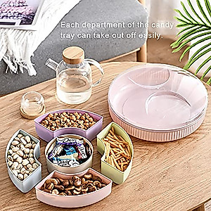 SOUJOY 2 Pack Divided Serving Tray with Lid, 11'' Plastic Round Veggie Tray, Reusable 5 Compartment Party Platter for Candy, Appetizer, Snack, Fruit, Nuts, Veggie, Parties