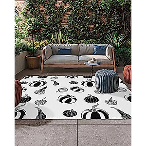 Thanksgiving Fall Outdoor Rug for Patio/Deck/Porch, Non-Slip Large Area Rug 6 x 9 Ft, Simple Black and White Fall Pumpkin Indoor Outdoor Rugs Washable Area Rugs, Reversible Camping Rug Carpet Runner