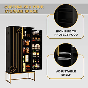 HOLTICO 46.5'' Accent Wood Kitchen Pantry with Doors, Storage Cabinet with Adjustable Shelves, Food Pantry Cabinet for Kitchen, Dining Room, Living Room and Garage, Metal Legs,Black