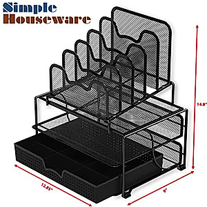 SimpleHouseware Mesh Desk Organizer with Sliding Drawer, Double Tray and 5 Stacking Sorter Sections, Black