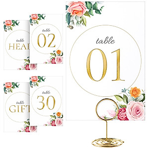 Table, Numbers, Cards 1-30 and Mini Table Numbers, Holders, Table, Numbers, Card for Wedding, Anniversary, Birthday, Party Table, Numbers, Cards Floral, Size 4'x6' Plus Head Table Card and Gift