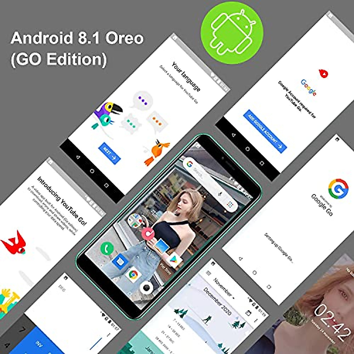 KXD 6A Unlocked Cell Phone | 3G Smartphone | 5.5” Full-Screen Display | 2500mAh Battery | 8MP + 5MP Camera | Dual SIM Android Phone | 8GB ROM | US Version | Green