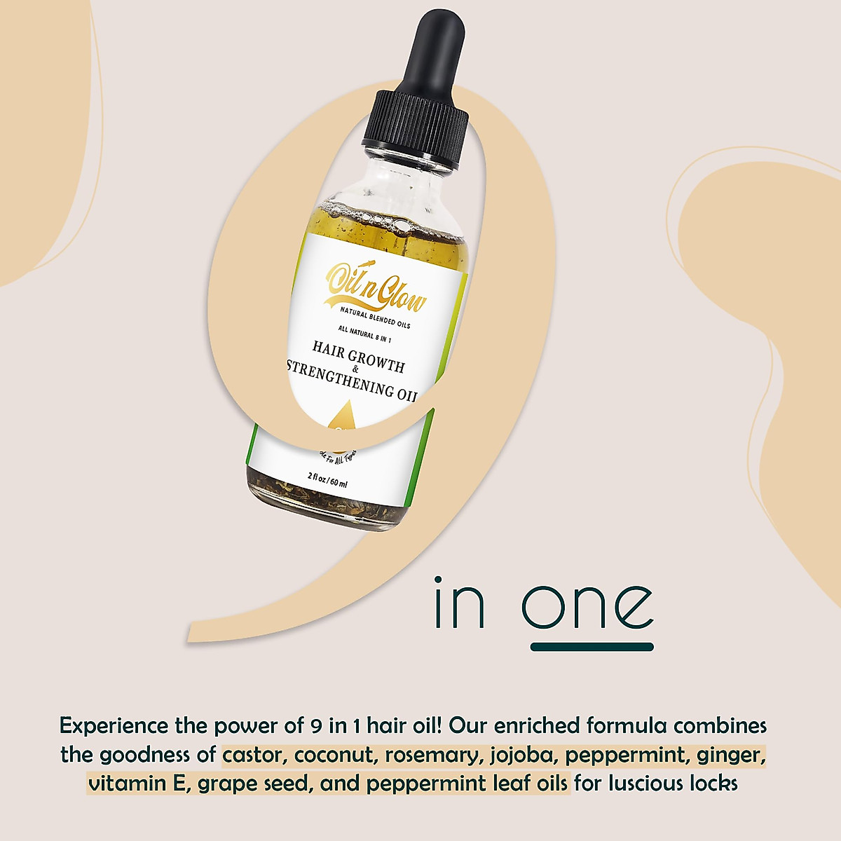 9 in 1 Natural Hair Growth Serum & Strengthening Oil with Rosemary, Jojoba, Coconut, Castor, Grape Seed Oil & Peppermint Leaf for Split Ends and Dry Scalp Treatment 2 FL