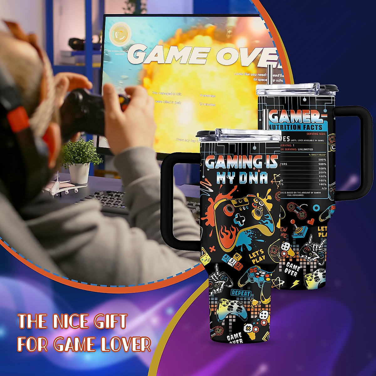 Uibunoo Gamer Gifts for Men, 40 Oz Game Tumbler with Handle & Straw, Gaming Gifts for Gamers Son Boyfriend Husband Men, Birthday Gift, Game Cup, Gaming Stuff for Boys