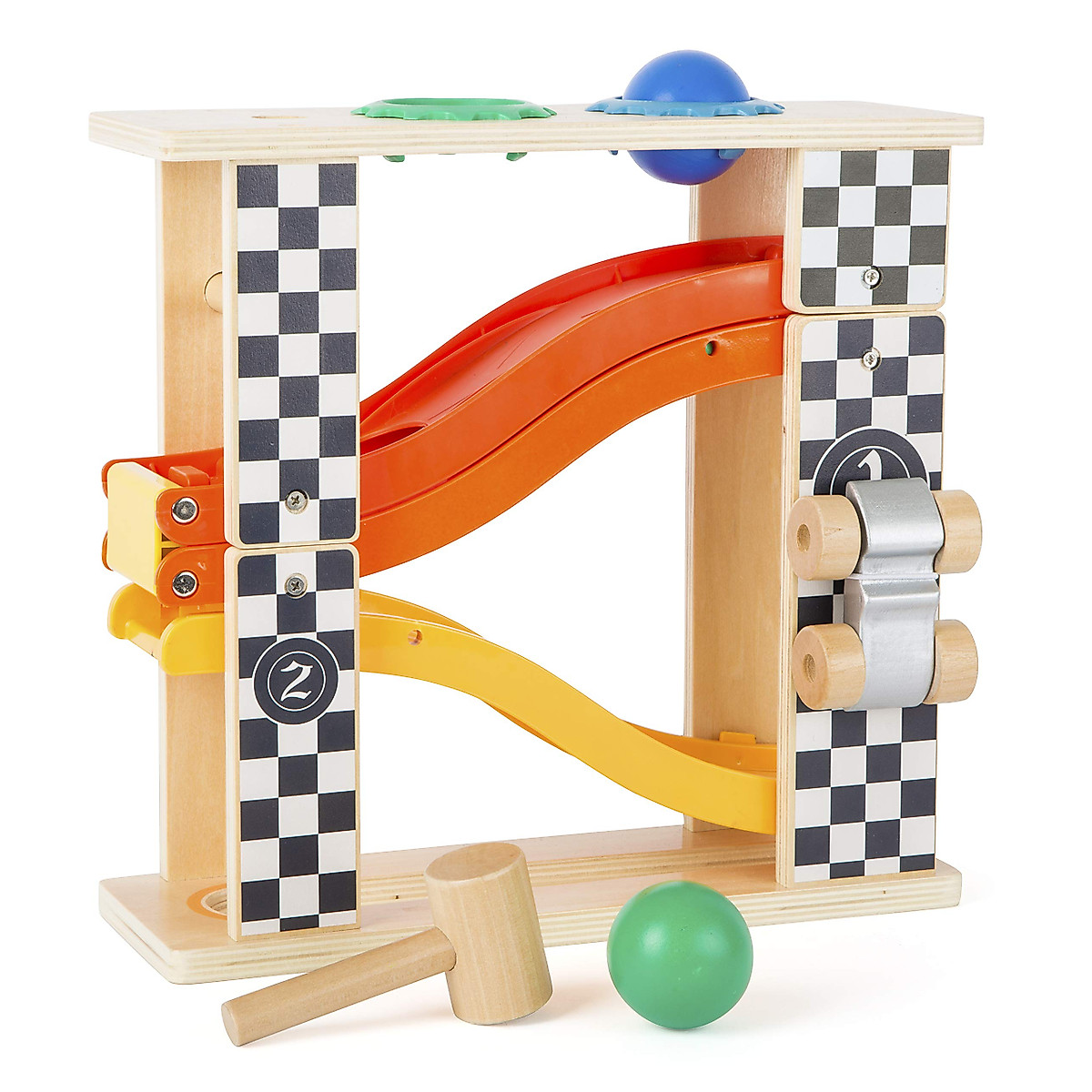 Small Foot Wooden Toys - Wooden Marble Run and Knock Hammer Bench in Rally Design