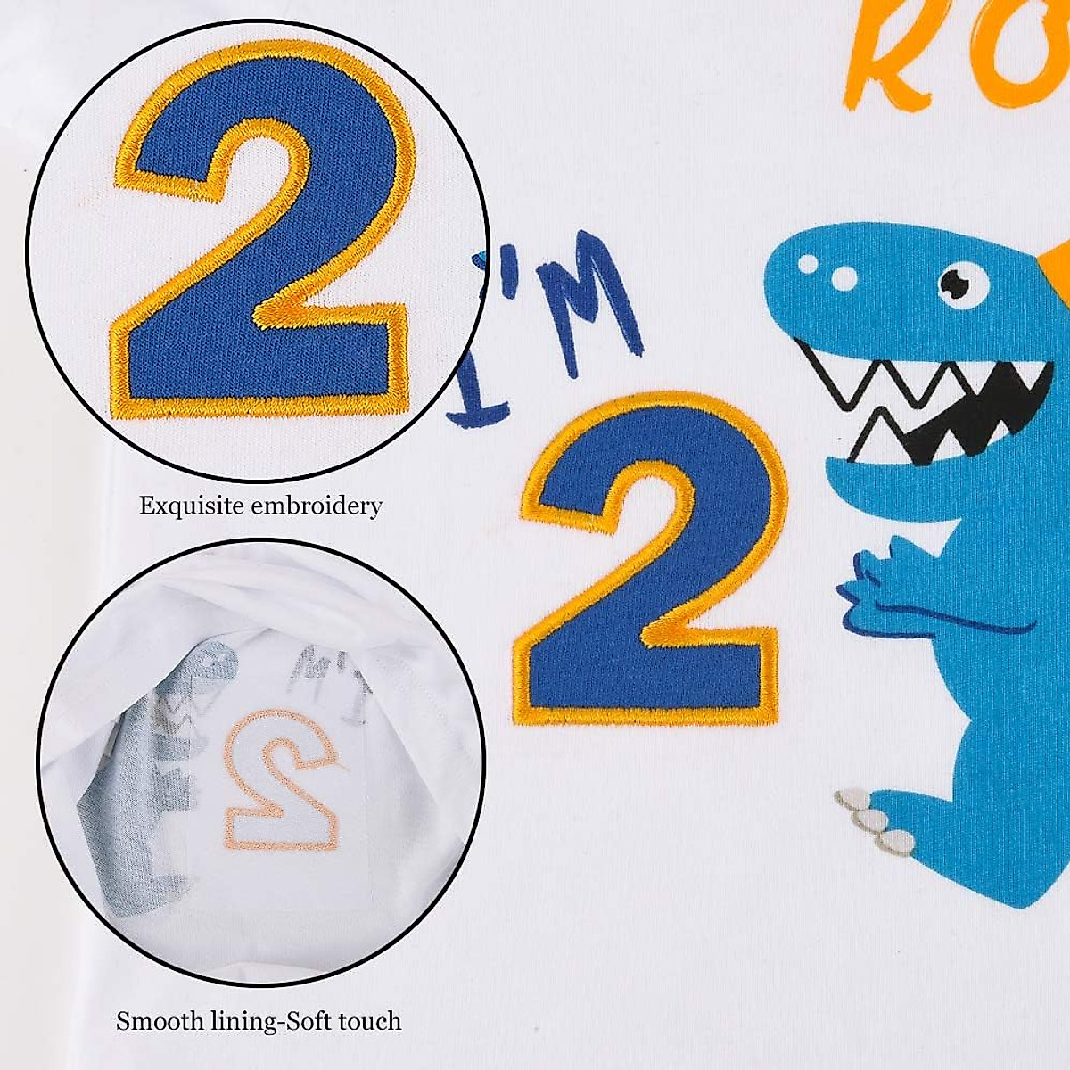 Dinosaur Birthday T Shirt - 2nd Birthday Party Supplies Toddler Boys Gift Short Sleeve White T-Shirt 100% Cotton Crew Neck T-Rex Printed Embroidery Graphic Top Tee