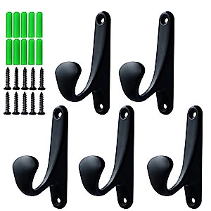 KERYUM(5-Pack) Heavy Mounted Single Wall Hooks, Backpack Hooks, Entryway Hooks,Towels Hooks, Patios Hooks,Coat Hooks (Matching Screws & Plastic Anchors Included) (Flat Black)