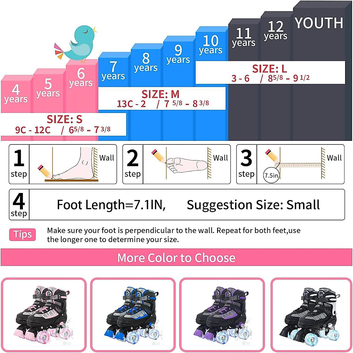 MammyGol Roller Skates for Kids Boys Girls, Adjustable Quad Skates with Light Up Wheels for Toddler Little Kids Ages 6-12 Size 13C 1 2, Beginners Outdoor Sports, Purple