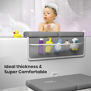 Baby Bath Kneeler and Elbow Rest Pad 2 Pieces Set with 3 Spacious Pocket to Organize Baby Acessories, 1.5" Thick Non-Slip, Soft, Fast-Drying Foldable Toddler Bath (Grey)
