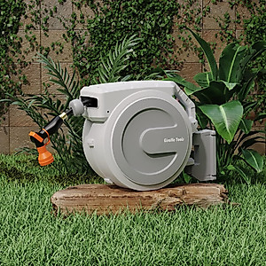 Giraffe Tools Retractable Hose Reel 5/8 inch x 90 ft Wall Mounted Water Hose Reel Heavy Duty with Automatic Rewind, 180 Deg Swivel Bracket, Any Length Lock, 9 Pattern Hose Nozzle Light Grey