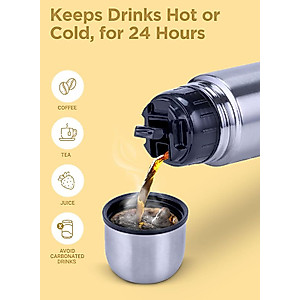 Milton Thermosteel Flip Lid Flask 1000, Double Walled Vacuum Insulated 1000 ml | 34 oz | 1 qt. | 24 Hours Hot and Cold Water Bottle with Cover, 18/8 Stainless Steel, BPA Free, Leak-Proof | Silver