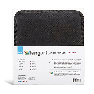 KINGART 205-12 ARTIST BRUSH SET with Carrying Case, 12 Short Handle Synthetic Hair Round, Flat & Fan Paintbrushes, Use for Oil, Acrylic and Watercolor Painting, 12 pc.