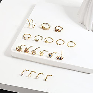 JOERICA 18 Pcs 20G Nose Rings Studs 316L Stainless Steel Nose Rings Hoop for Women Cute Evil Eye Heart Butterfly Opal CZ Nose Piercing Jewelry L Shaped Nose Ring Stud Set
