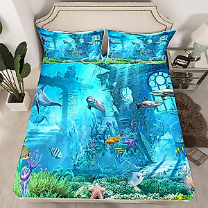 Erosebridal 3D Underwater World Bed Sheets Beach Fish Sea Blue Sheet Set Queen Size, Shark Dolphin Fitted Sheet for Kids Child, Jellyfish Starfish Bedding Set Tropical Sealife Bedroom Decor