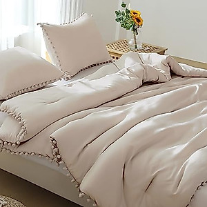 JOLLYVOGUE Queen Comforter Set 3 Pieces,Beige Bed in a Bag Boho Pom Pom Ball Bedding Sets for All Season, Lightweight and Soft Bedding Comforter Set with 1 Comforter and 2 Pillowshams